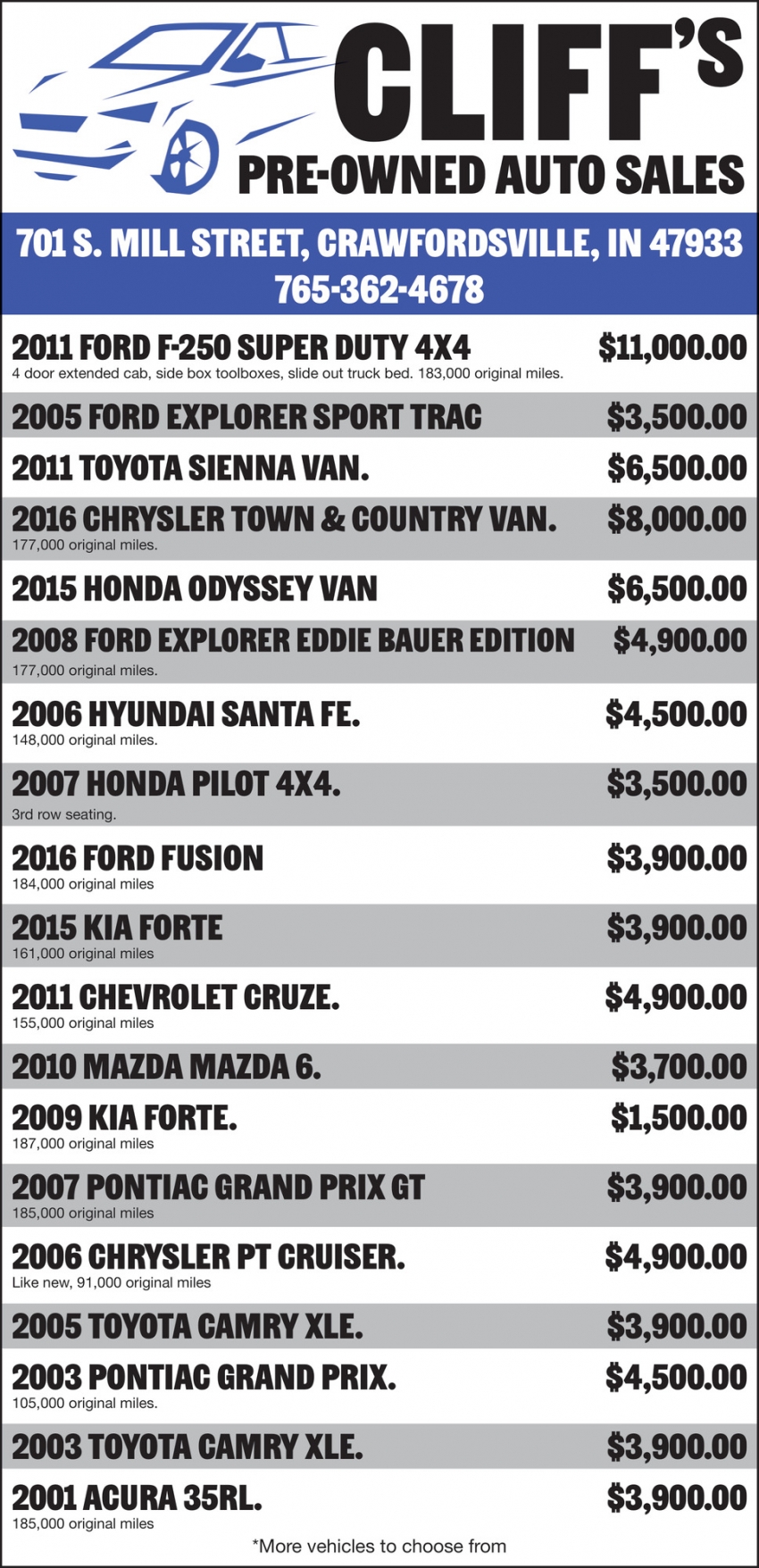 Auto Sales, Cliff's Pre-Owned Auto Sales, Crawfordsville, IN