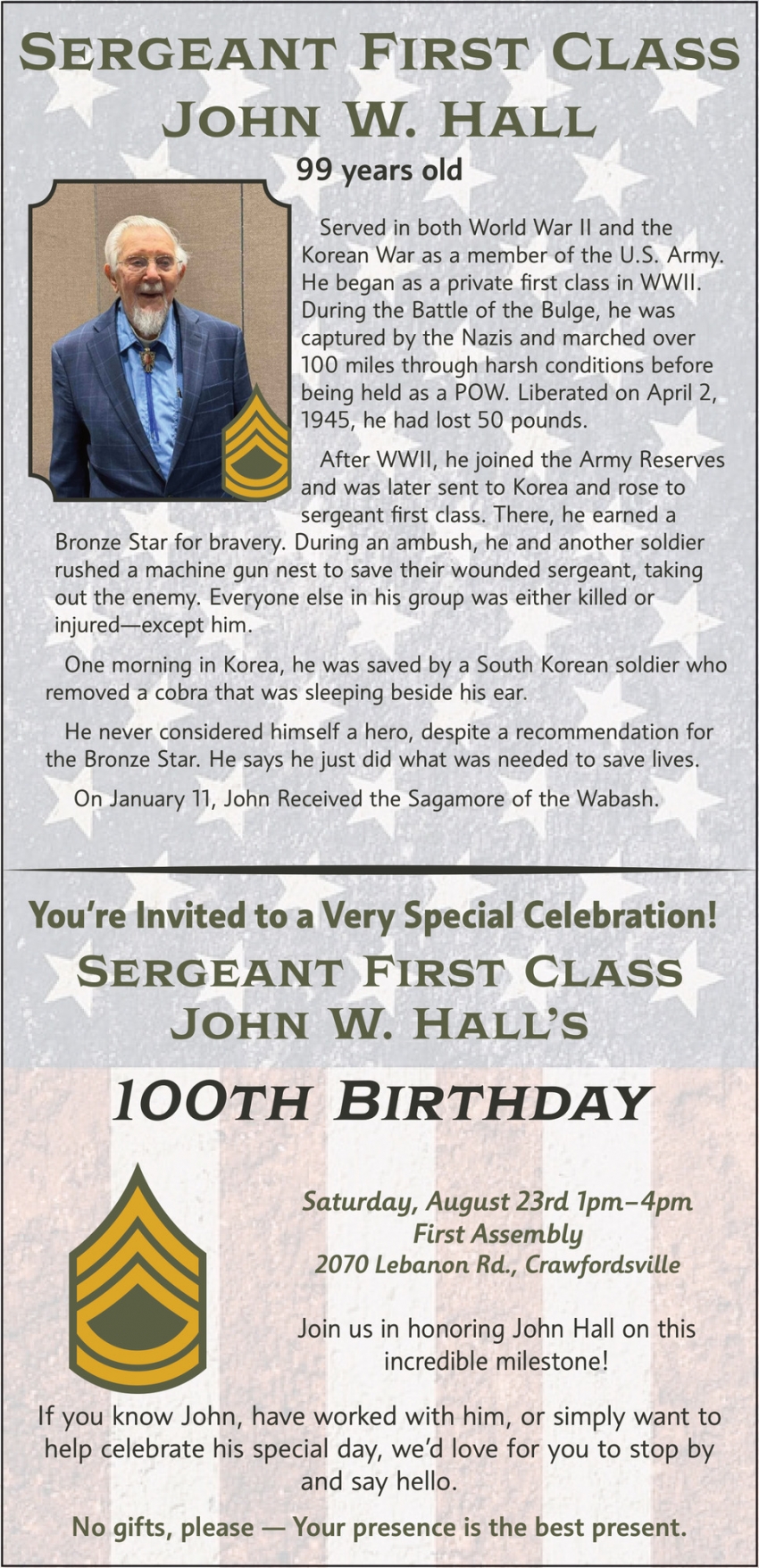 100th Birthday, Sergeant First Class John W. Hall 100th Birthday