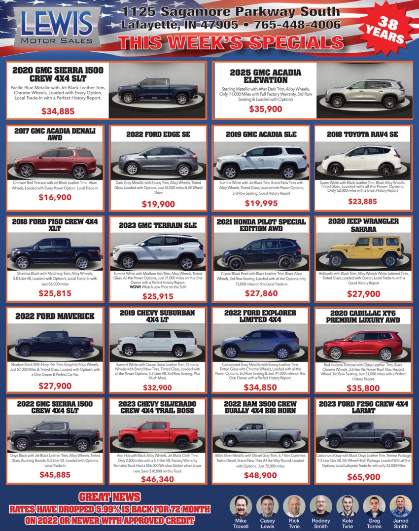 This Week's Specials, Lewis Motor Sales, Lafayette, IN
